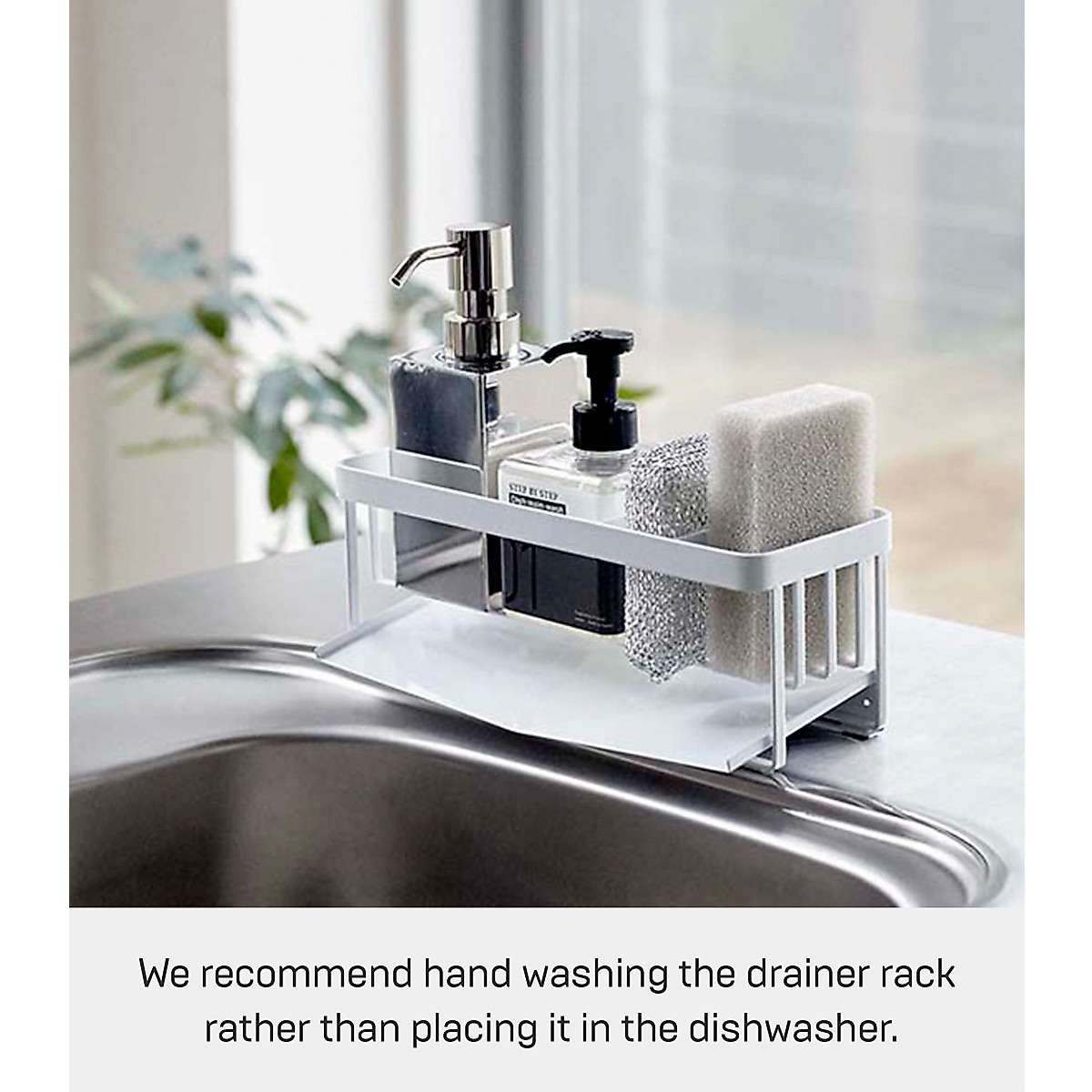 Yamazaki Home Tower Self-Draining Sponge And Soap Bottle Rack, Kitchen Sink Organizer Metal Holder With Removable Tray - Steel