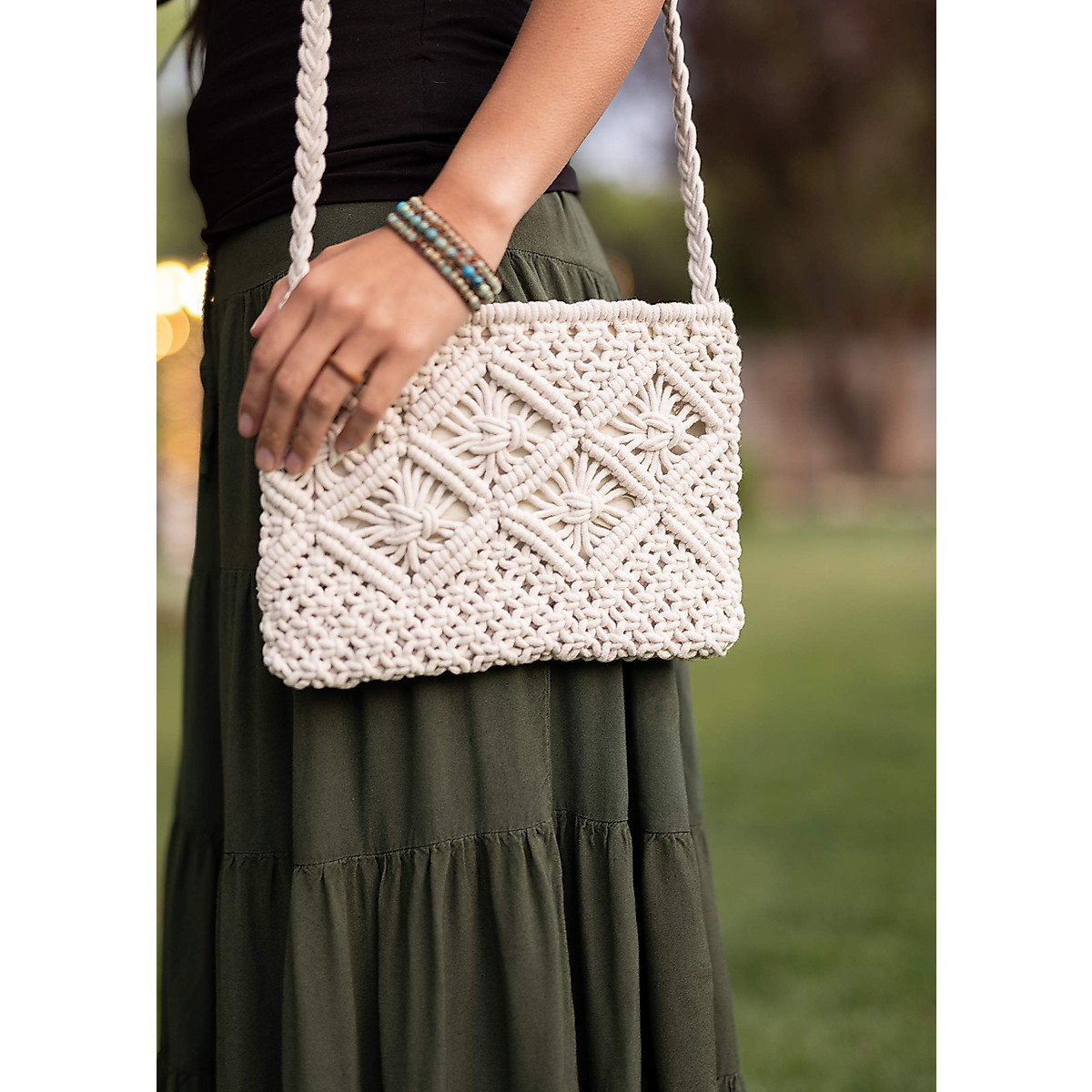 Cotton Macrame Purse Bag | Hand-Woven Knitted Crossbody Shoulder Strap Zipper | Cute Fringe Boho Coin (White)