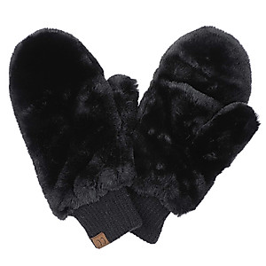 CC Exclusives Women Thick Knit Faux Fur Sherpa Fleece Lined Warm Winter Gloves Mittens (MT-715) (Faux Fur-Black)