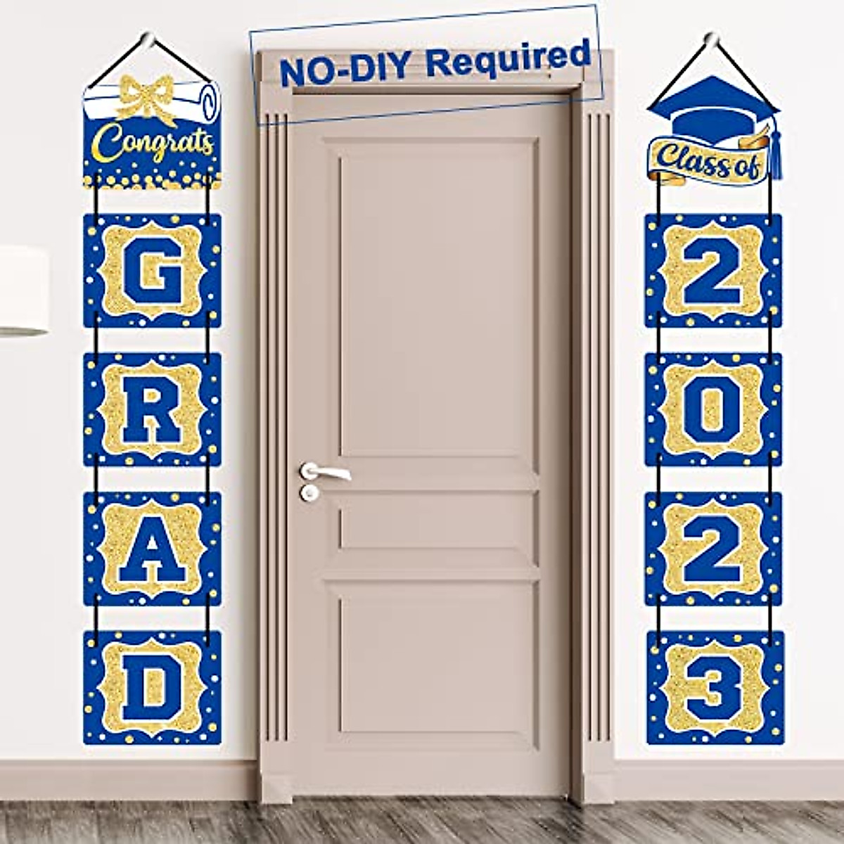 2023 Graduation Banner Blue Graduation Party Decoration Porch Sign Grad Party Supplies, Class of 2023 Congrats Grad for College, High School (Blue and Gold)