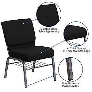 Flash Furniture HERCULES Series 21''W Church Chair in Black Fabric with Book Rack - Silver Vein Frame
