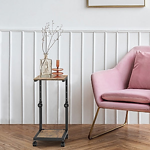 NATFAIRY C Shaped End Table with Rolling Wheels, Height Adjustable Sofa Side Table for Small Space Bedroom, Industrial TV Tray Couch Table Cart for Living Room, Retro Brown & Black