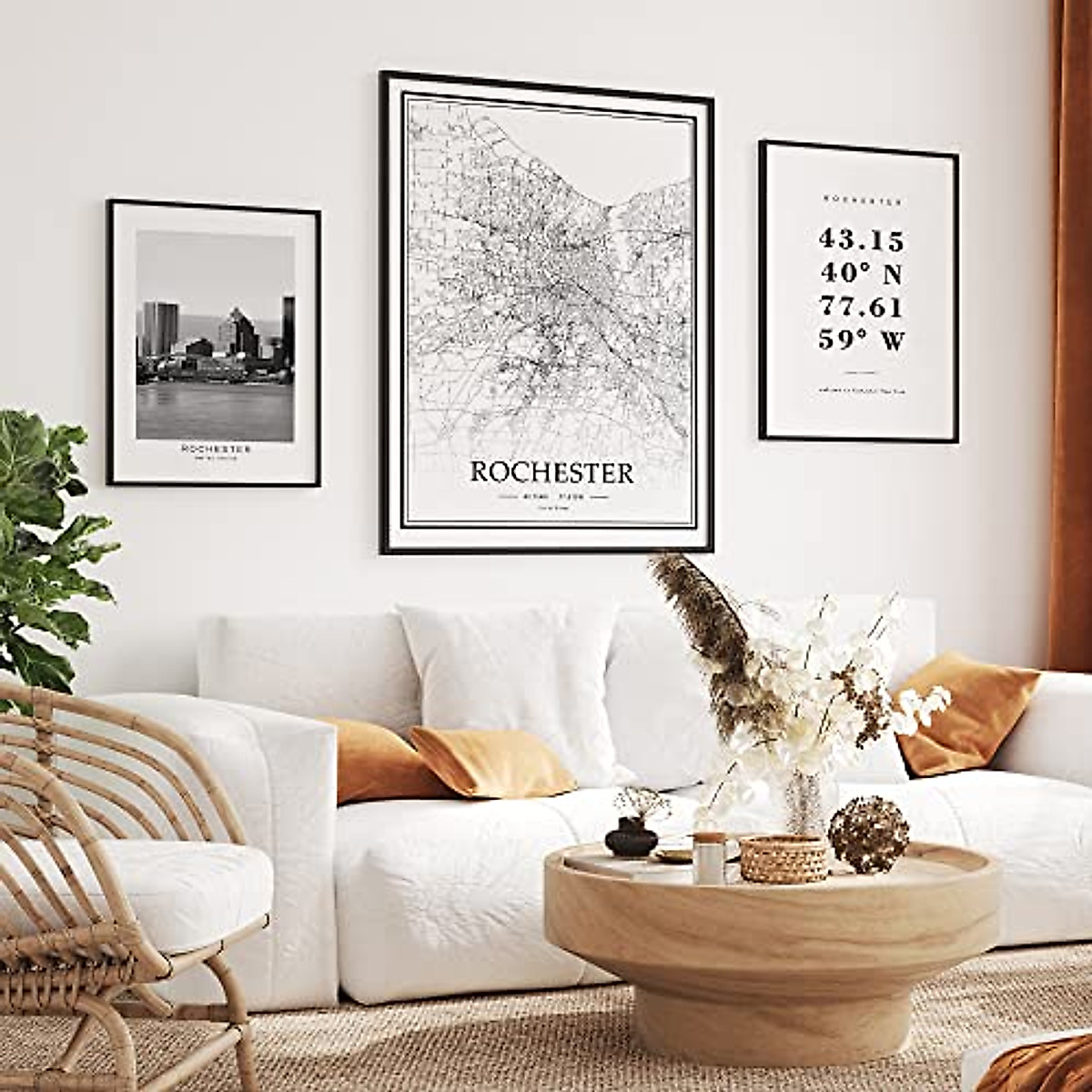 Dear Mapper Rochester United States View Abstract Road Modern Map Art Minimalist Painting Black and White Canvas Line Art Print Poster Art Line Paintings Home Decor (Set of 3 Unframed) (12x16inch)