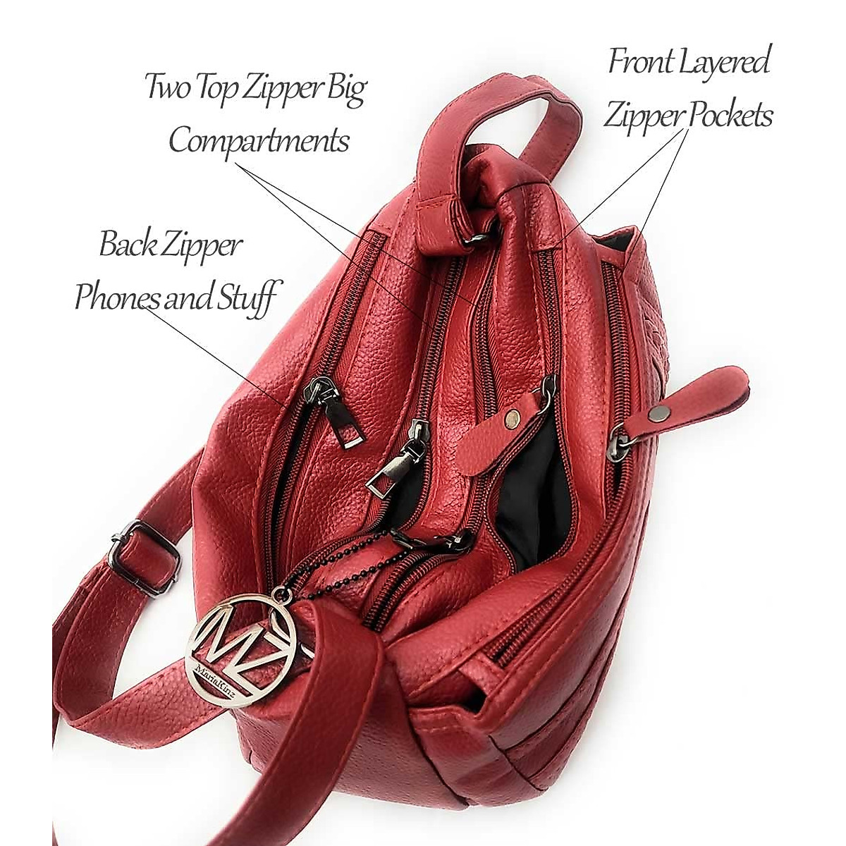 MariaKinz Soft Leather 5 Zipper Pockets Shoulder Purse and Handbag (Red)