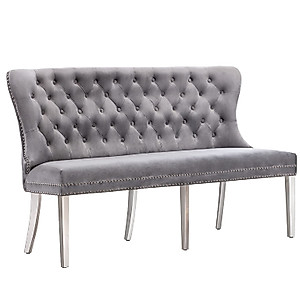 UDAX Velvet Bench with Back, Upholstered Armless Couch Settee with Button Tufted Backrest Nailhead Around, Light Grey