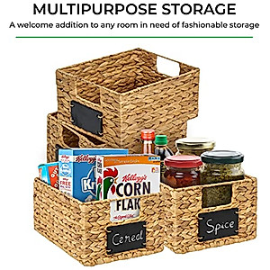 BARIEN 6 Pcs 12" x 9" x 6" Natural Water Hyacinth Storage Baskets, Rectangular Wicker Basket with Built-in Handles, Woven Cube Storage Bin with Chalkboard Label Chalk Marker (Natural - Set of 6)