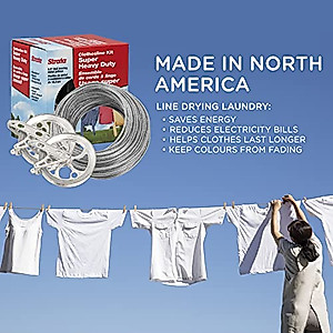 Strata Clothesline Outdoor Heavy Duty Kit - 150 Feet Galvanized Wire Silver PVC Coating, 6.5" Clothesline Pulley 2pcs, Metal Mini Winch Tightener 1pc, Plastic Spreader/Spacer 1pc & 2 Metal Hooks
