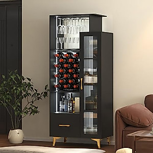 Vlsrka LED Liquor Wine Cabinet, Wine Bar Cabinet with USB Port, Bar Cabinets for 18 Bottle Wine Rack and 3 Glass Holder, Tall Sideboard Buffet Storage Cabinet for Living, Dining Room, Black