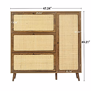 QEIUZON Rattan Shoe Cabinet, Shoe Storage Cabinet with 3 Rattan Flip Drawers and Storage Shelves, Freestanding 3-Tier Shoe Rack Storage Cabinet for Entryway, Hallway, Bedroom,Walnut