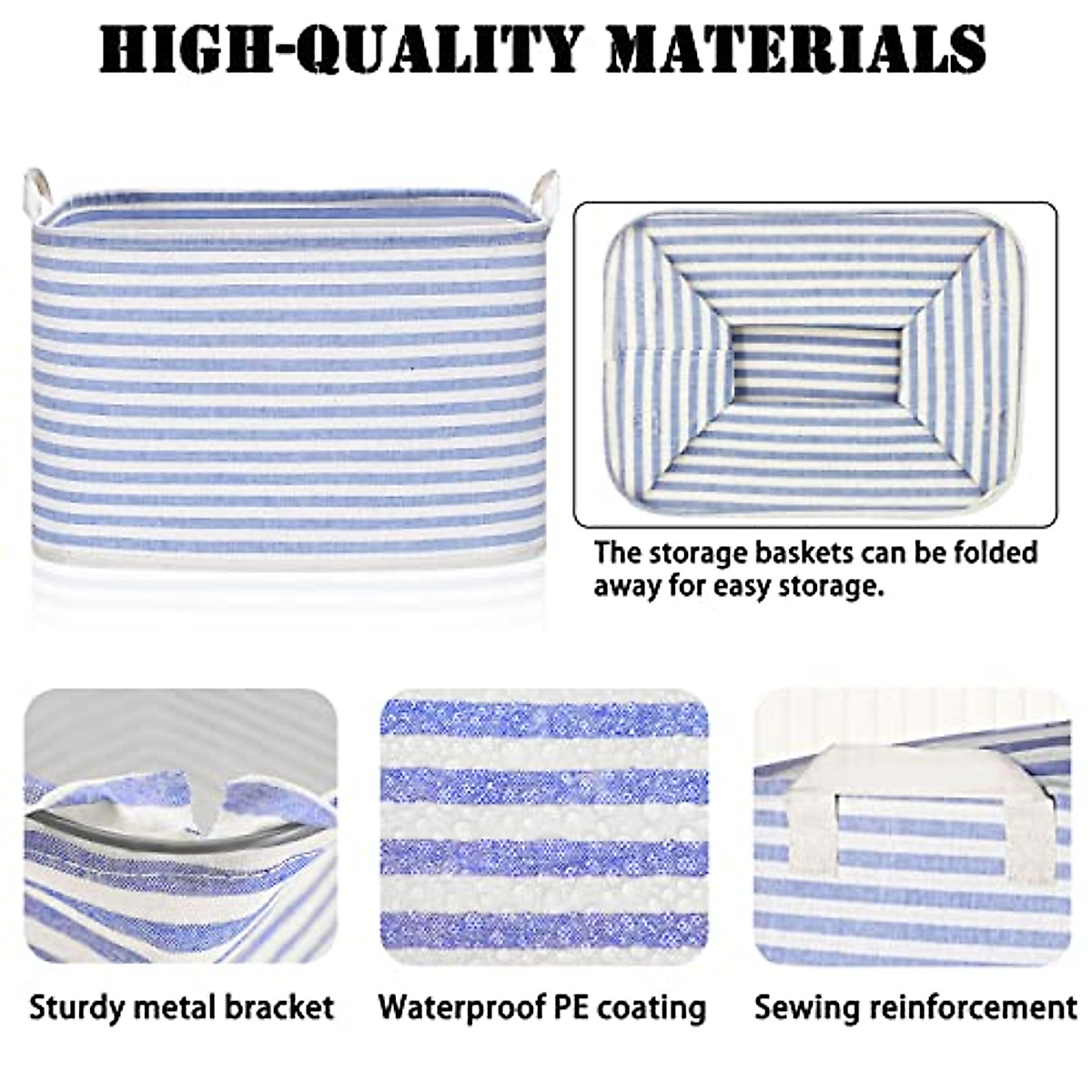 PFFVRP Storage Bins, Foldable Fabric Closet Storage Basket with Dual Handles, Strudy Storage Baskets for Shelves, Storage Boxes for Organizing, 3-Pack (Blue Stripes)