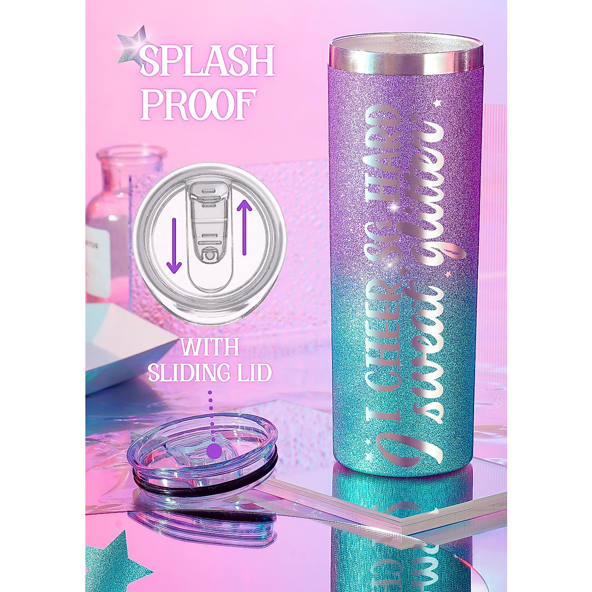 Onebttl Cheerleader Glitter Tumbler Gifts For Girls - 20oz/590ml Stainless Steel Insulated Tumbler with Straw, Lid - Gift for Cheerleading, Coach or Cheer Squad - Sweat, Glitter Purple Blue