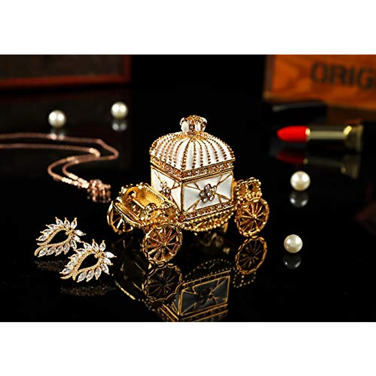 QIFU Decorative Enameled Royal Carriage Style Hinged Trinket Box, Sparkling Crystal Ornaments for Home Decor, Unique Gift for Family