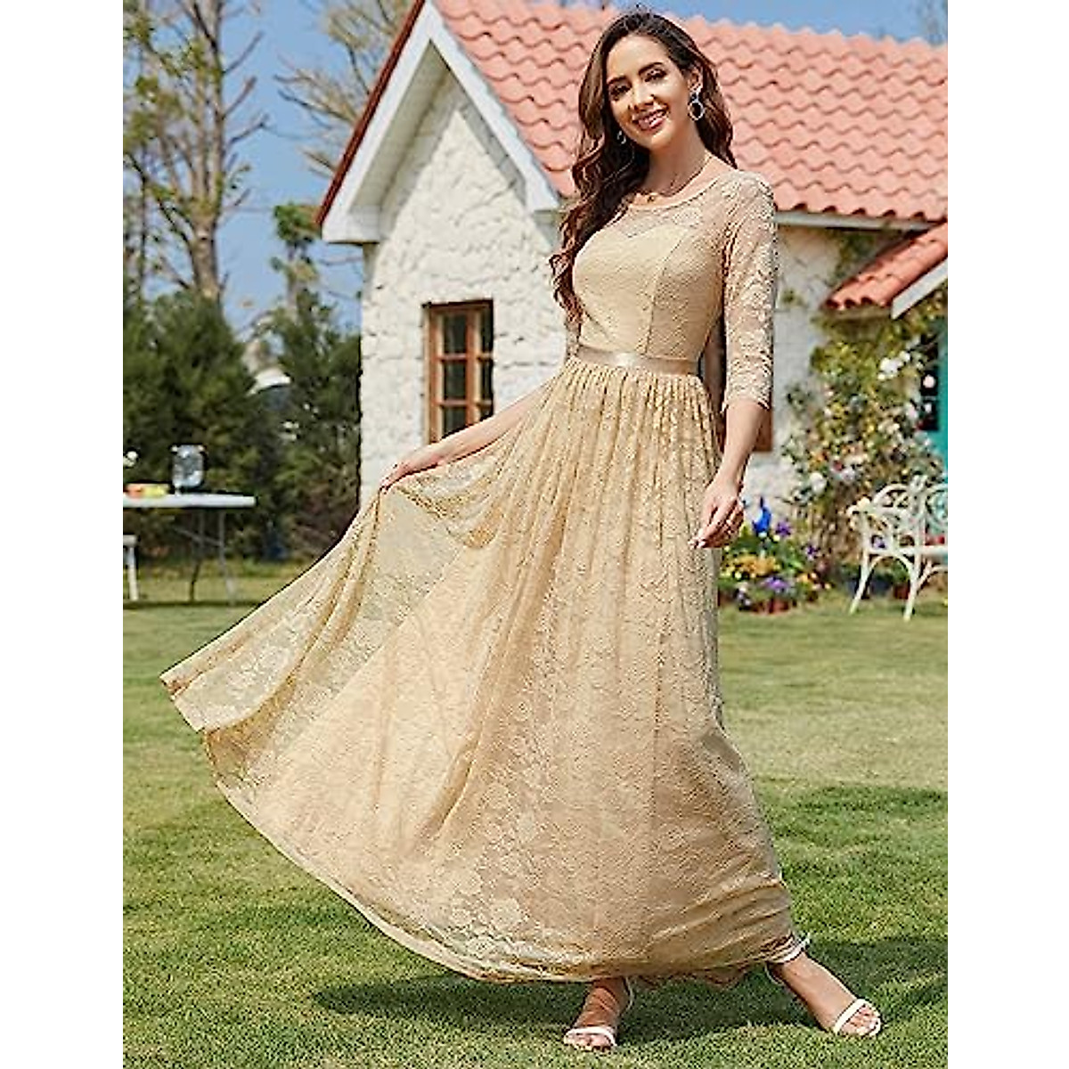 Wedtrend Champagne Bridesmaid Dresses for Wedding Party, Formal Gowns and Evening Party Dress, Floor Length Long Wedding Guest Dress Floral Lace Maxi Christmas Dress with Sleeves WTL20007Champagne3XL