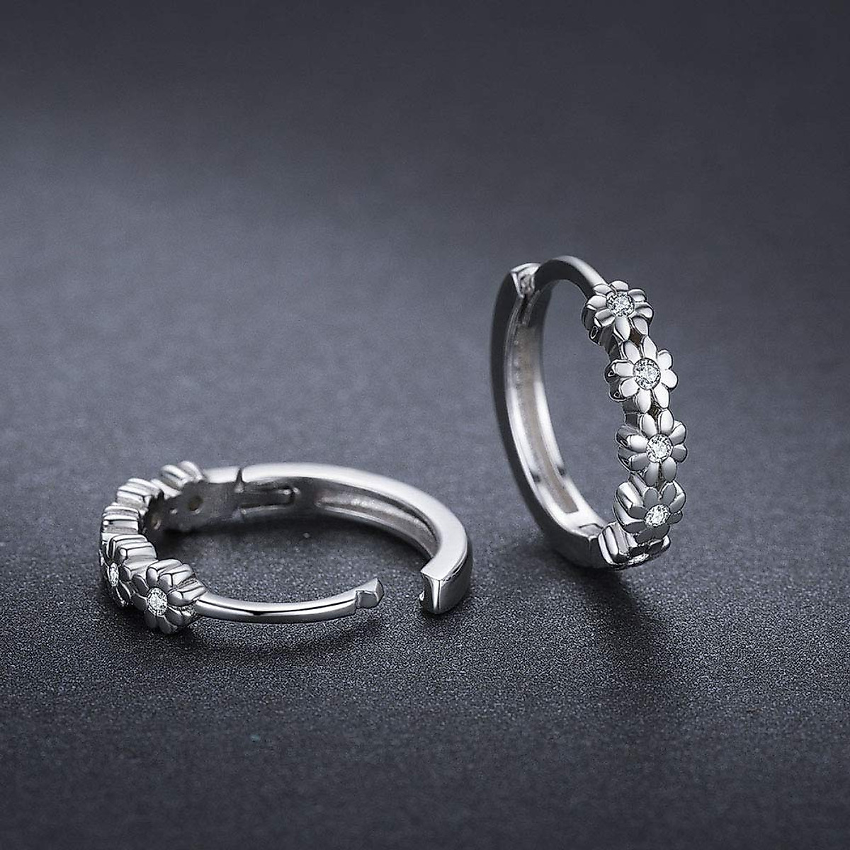 KINGWHYTE Daisy Hoop Earrings 925 Sterling Silver Lucky Flower Earrings Small Daisy Flower Huggie Earrings Jewelry Christmas Birthday Gifts for Women 15mm