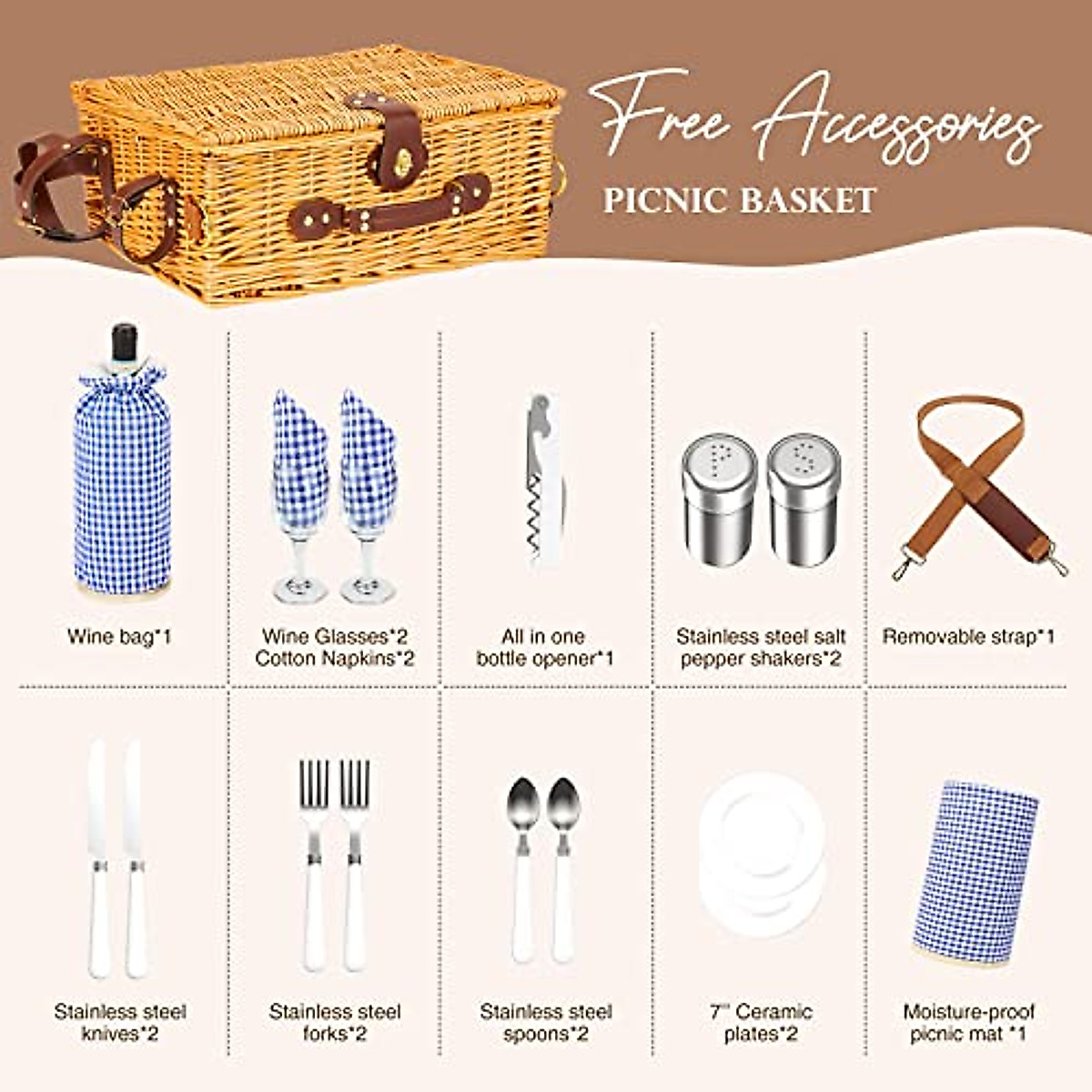 Greenstell Wicker Picnic Basket Sets for 2 Persons with High Sealing Insulation Layer,Waterproof Picnic Mat, Removable Strap and Wine Bag, Tableware, Picnic Basket for Family,Party,Outdoor,Camping