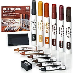 Katzco Furniture Repair Kit Wood Markers - Set of 13 - Markers and Wax Sticks with Sharpener - for Stains, Scratches, Floors, Tables, Desks, Carpenters, Bedposts, Touch-Ups, Cover-Ups