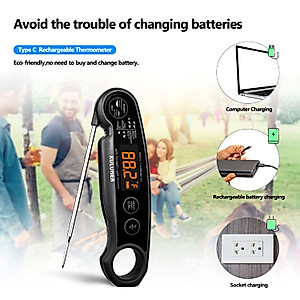 KULUNERs Lightning-Fast 2-Second Meat Thermometer Features a Large Display and Waterproof functionality, Perfect for a Variety of Cooking Methods Including Frying, Smoking, and Grilling (Black)