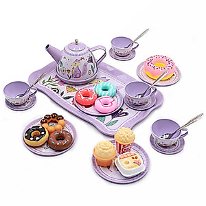 44PCS Tea Set for Little Girls, Kids Pretend Toys Playset, Teapot Dishes Dessert Mini Ice Cream Cart & Carrying Case, Princess Tea Time Kitchen Pretend Play Toys Gift for Toddlers Girls Age 3-8