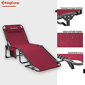 KingCamp Patio Chaise Lounge Chairs Reclining Folding Adjustable Outside with Pillow Lawn Pool Beach Sunbathing Camping Cot Outdoor, 74.8''x23.2''x14.5'', Crimson