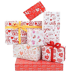 Valentine's Day Gift Wrap Paper,7 Sheets 7 Design Red White Pink Heart Wrapping Paper Set,Funny Love Wrapping Paper With 3-Color Ribbon For Adult Men Women Mothers Fathers Day Birthday Holiday Wedding