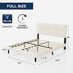 Molblly Full Size Bed Frame with Upholstered Headboard, Strong Frame, and Wooden Slats Support, Non-Slip and Noise-Free, No Box Spring Needed, Easy Assembly, Beige