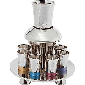 Yair Emanuel Nickel Kiddush Cup & Fountain Set with Multicolor Hammer Work Tray, Silver (8 Items)