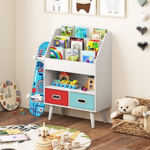 GLACER 5-Tier Kids Bookshelf, Wooden Children’s Book Rack with Toy Storage Organizer, Toddler Montessori Bookshelf with 2 Foldable Storage Cubes, Kids Bookcase for Nursery, Classroom, Playroom (White)