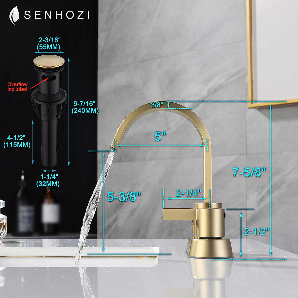 Senhozi Bathroom Sink Faucet 3 Hole Brushed Gold, 2 Handle 4 Inch Centerset Stainless Steel Bathroom Faucet with Pop up Drain and 2 Supply Lines, Waterfall Faucet Modern Faucet Bathroom, SE-0048-BG