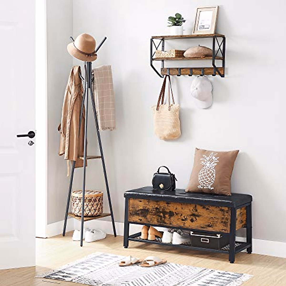 VASAGLE Industrial Storage Bench, Bed End Stool with Padded Seat and Metal Shelf, Sturdy Steel Frame, 39.4”L x 15.7”W x 18.5”H (100 x 40 x 47 cm), Rustic Brown + Black