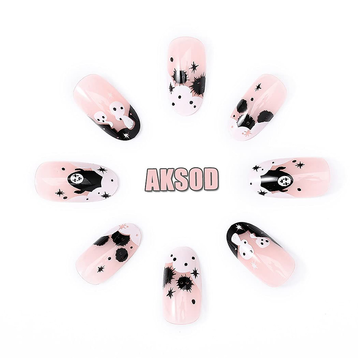 Aksod Ghost Press on Nails Short Glossy Virus Fake Nails Almond Cartoon Designed False Nails Tips Full Cover Cute Halloween Easter Festival Artificial Nails Sets for Women and Gilrs 24Pcs (Style G)