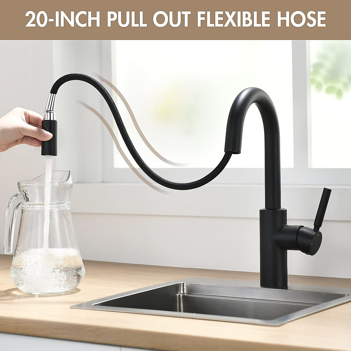 OUEN Matte Blcak Bar Faucet with Pull Down Sprayer for Single Sink,Bar Brass Faucet One Hole for RV Campers Sink Small Faucet with cUPC Supply Hose