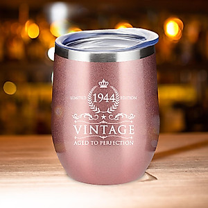 80th Birthday Gifts for Women and Men - 1944 80th Birthday Decorations - 12 Oz Insulated Stainless Steel Wine Tumbler with Lid for Her Wife Mom Grandma Aunt Friend, Rose Gold