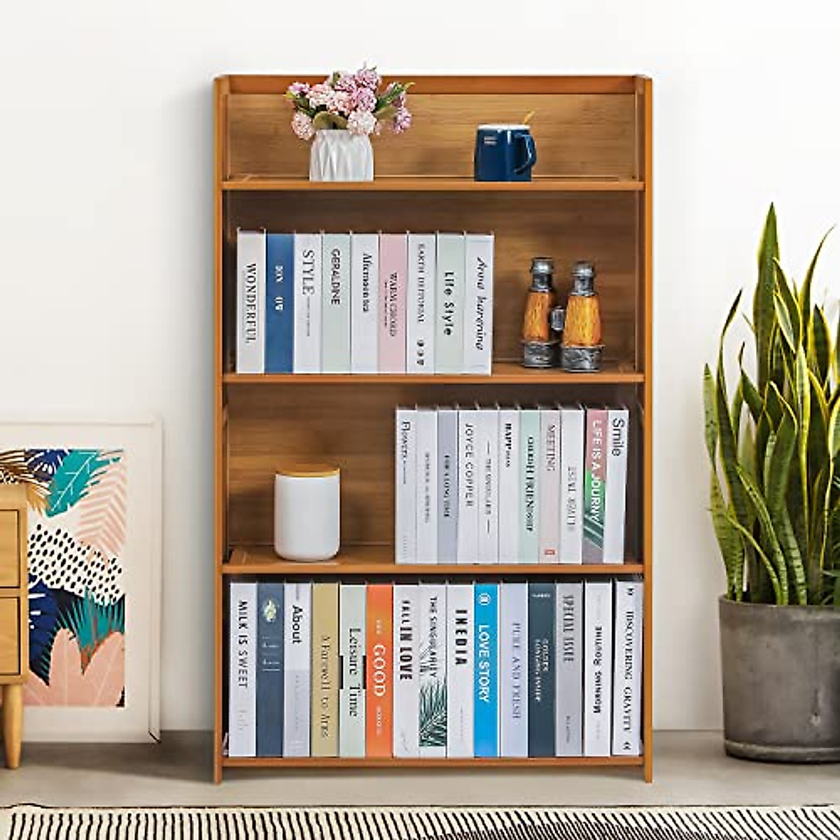 MoNiBloom 4 Tier Open Shelf, Bamboo Multifunctional Bookcase Storage Cabinet Display Shelves Organizer for Living Room Bedroom Kitchen Home Office, Brown