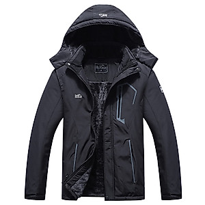 Pooluly Men's Ski Jacket Warm Winter Waterproof Windbreaker Hooded Raincoat Snowboarding Jackets Black-S