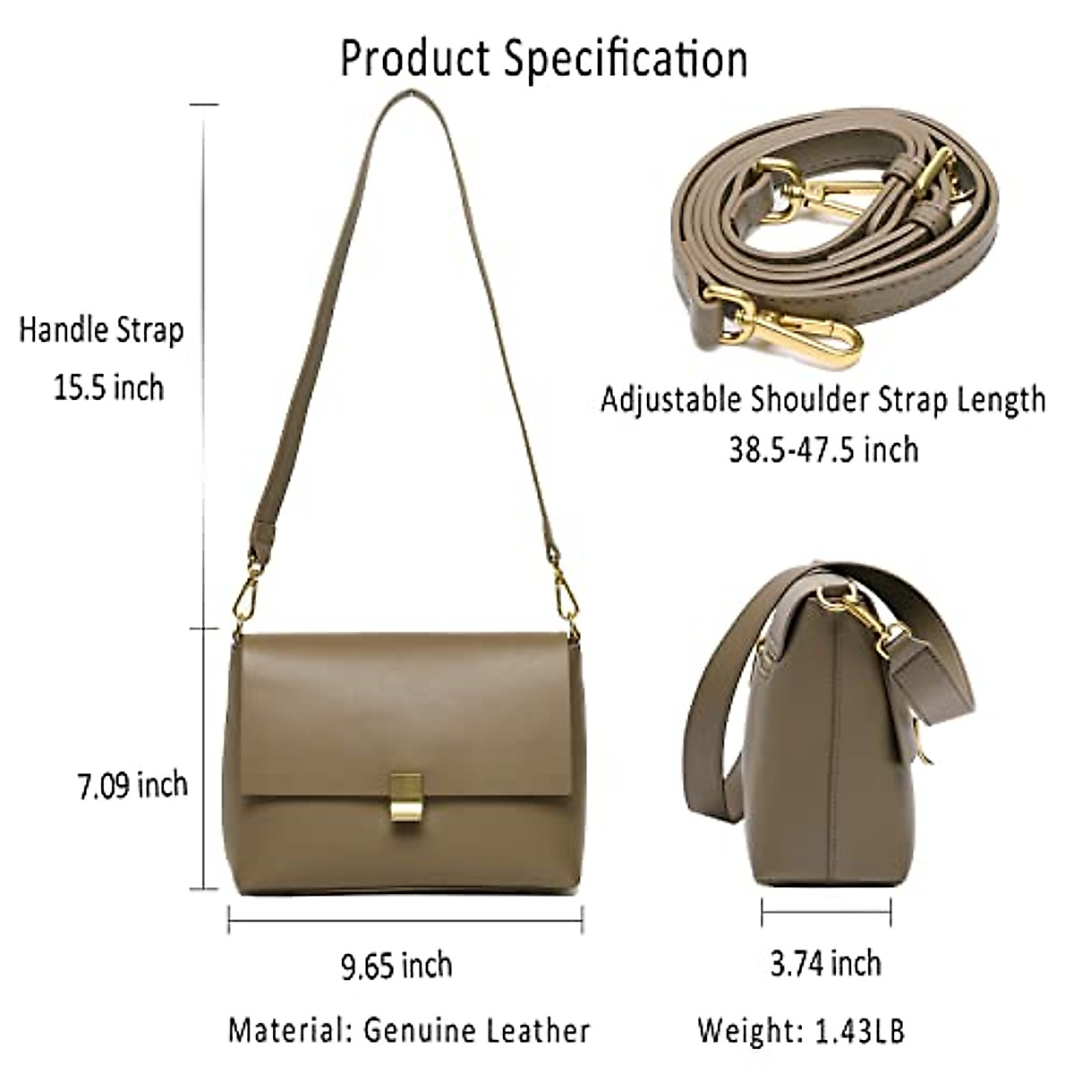 Hakkensuru Crossbody Bags for Women Designer Shoulder Bags Genuine Leather Handbag Satchel Purses with Adjustable Detachable Strap