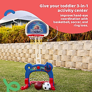Dazmers 3-in-1 Kids Sports Playset - Basketball Hoop, Soccer Goal, and Ring Toss Game - Ideal Indoor and Outdoor Fun for Energetic Kids - Promotes Physical Activity for Toddlers - 18.5 x 6 x 21.75