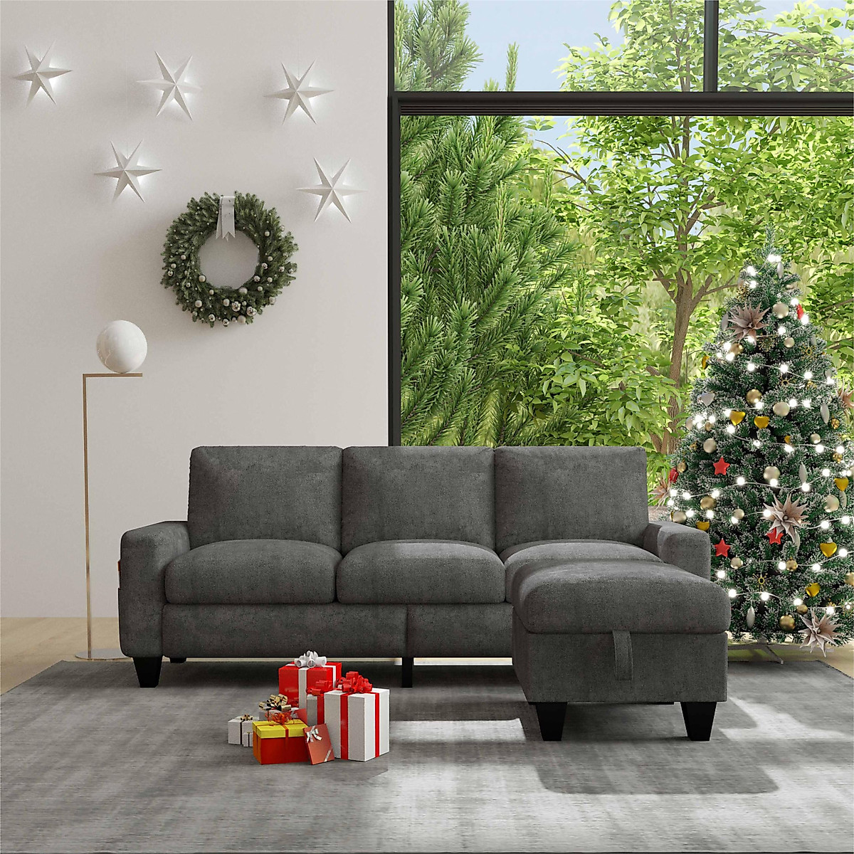 Sectional Sofa L-Shaped Couch, Snowflake Fabric Couch for Living Room with Reversible Storage Chaise & Side Storage Pockets, 3-Seat Sofa for Living Room/Apartment/Dorm/Office/Small Space (Gray)