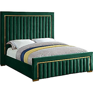Meridian Furniture Dolce Collection Modern | Contemporary Velvet Upholstered Bed with Luxurious Channel Tufting and Gold Metal Trim/Legs, Queen, Green