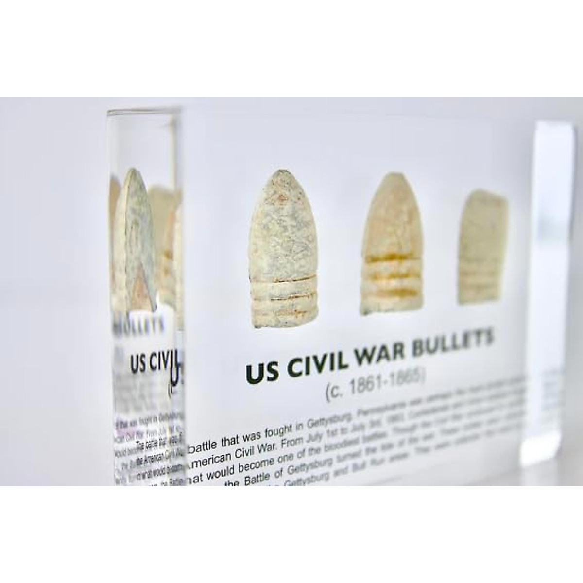 Civil War Minié Ball Bullets Display - Authentic Lead Bullets Preserved in Lucite, Handmade in USA, 4x3x1 inches, for Display or Education Purposes