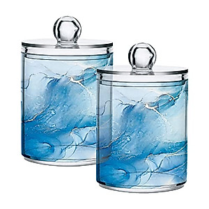 ALAZA 4 Pack Qtip Holder Dispenser Teal Turquoise Marble Bathroom Organizer Canisters for Cotton Balls/Swabs/Pads/Floss,Blue Marble Plastic Apothecary Jars for Vanity