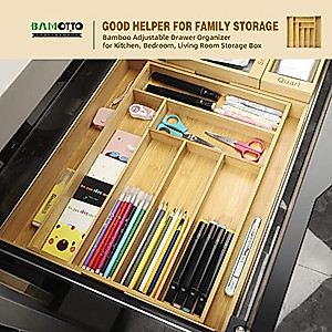 Large expandable Bamboo Drawer Organizer-Kitchen Utensil, Flatware&Silverware Organizer-Wood Adjustable Drawer Organizer for Knives in Kitchen, Bedroom, Living Room Storage Box (12.9-19x18")