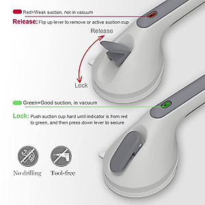 16 Inch Long Suction Grab Bar for Bathroom Indicator Light, Suction Shower Balance Assist Bar Support Rail Helping Handle for Tub Elderly Seniors Handicap Strong Suction Bathtub Grips Non Slip Sticker