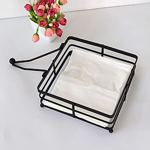 Flat Napkin Holder, Tissue Rack Stand for Kitchen Dining Table, Black Metal Napkin Dispenser with Weighted Arm, Square Tissue Holder for Farmhouse Kitchen Countertops Tables Tissue Storage basket