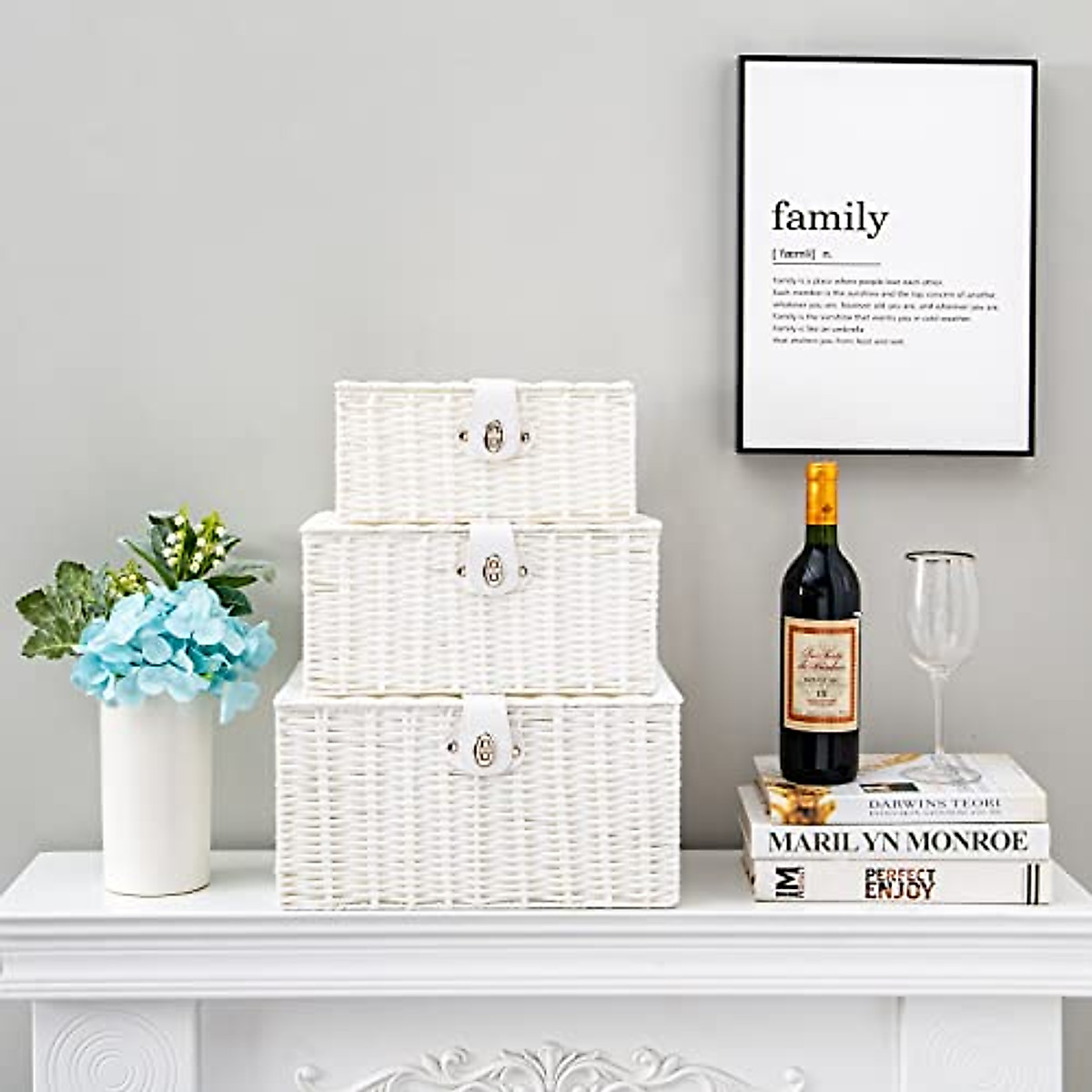 Homepeaz Set of 3 Woven Wicker Storage Basket Box with Lid & Lock, Built-in Carry Handles, Multifunctional Storage Organiser for Nursery, Baby, Clothes, Toys, Books, Large/Medium/Small Size (White)