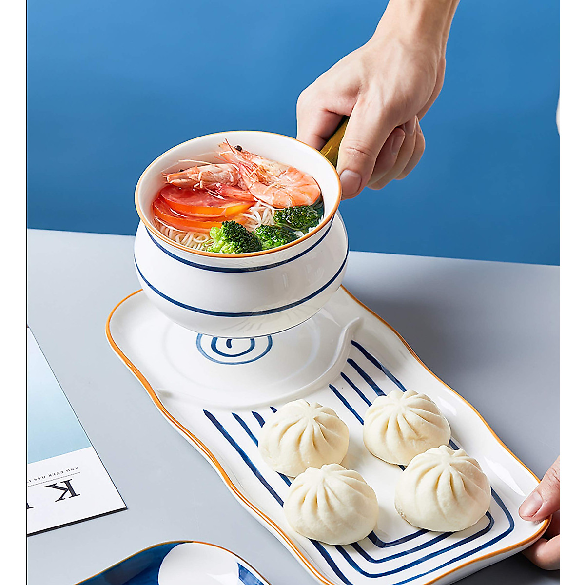 Jusalpha Individualized Creative Breakfast Bowl Set with Handle, Ceramic Cutlery Dinnerware Tableware Set Breakfast Plate Oatmeal Bowl Mug, Soup Bowl -Breakfast for One 01 (Strip Pattern)