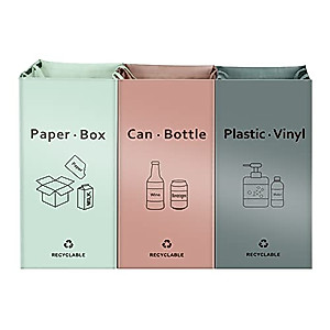 JIALAI HOME Separate Recycling Waste Bin Bags for Kitchen Home - 42 Gallon Recycling Bins (Pink, Green, Gray) Waste Trash Sorting Organizer, Reusable Waterproof, Pack of 3 Bags