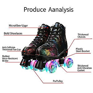 LEAFIS Roller Skates Classic High-top for Adult Outdoor Skating Light-Up Four-Wheel Roller Skates Shiny Roller Skates for Women (Lightning Black Flash Wheel,43)