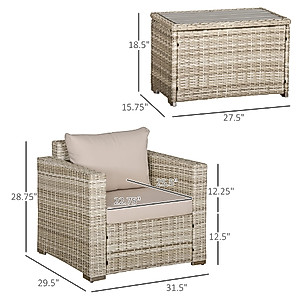 Outsunny 3 Piece Patio Furniture Set, PE Rattan Small Wicker Balcony Furniture, Table & Chairs with Cushions Composite Table, Conversation Set for Apartment, Gray