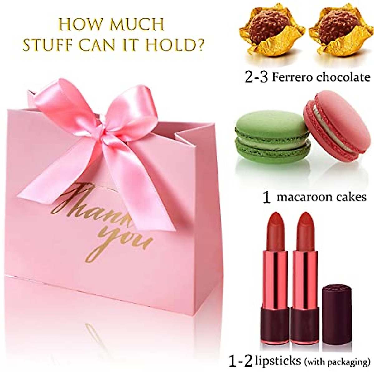 DECHISY 24Pack Small Thank You Gift Bag Party Favor Bags Treat Boxes with Rose Red Bow Ribbon, Pink Pattern Paper Gift Bags Bulk for Wedding Baby Shower Business Party Supplies