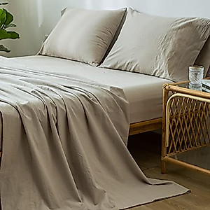 MooMee Bedding Sheet Set 100% Washed Cotton Linen Like Textured Breathable Durable Soft Comfy (Cream Grey, King)